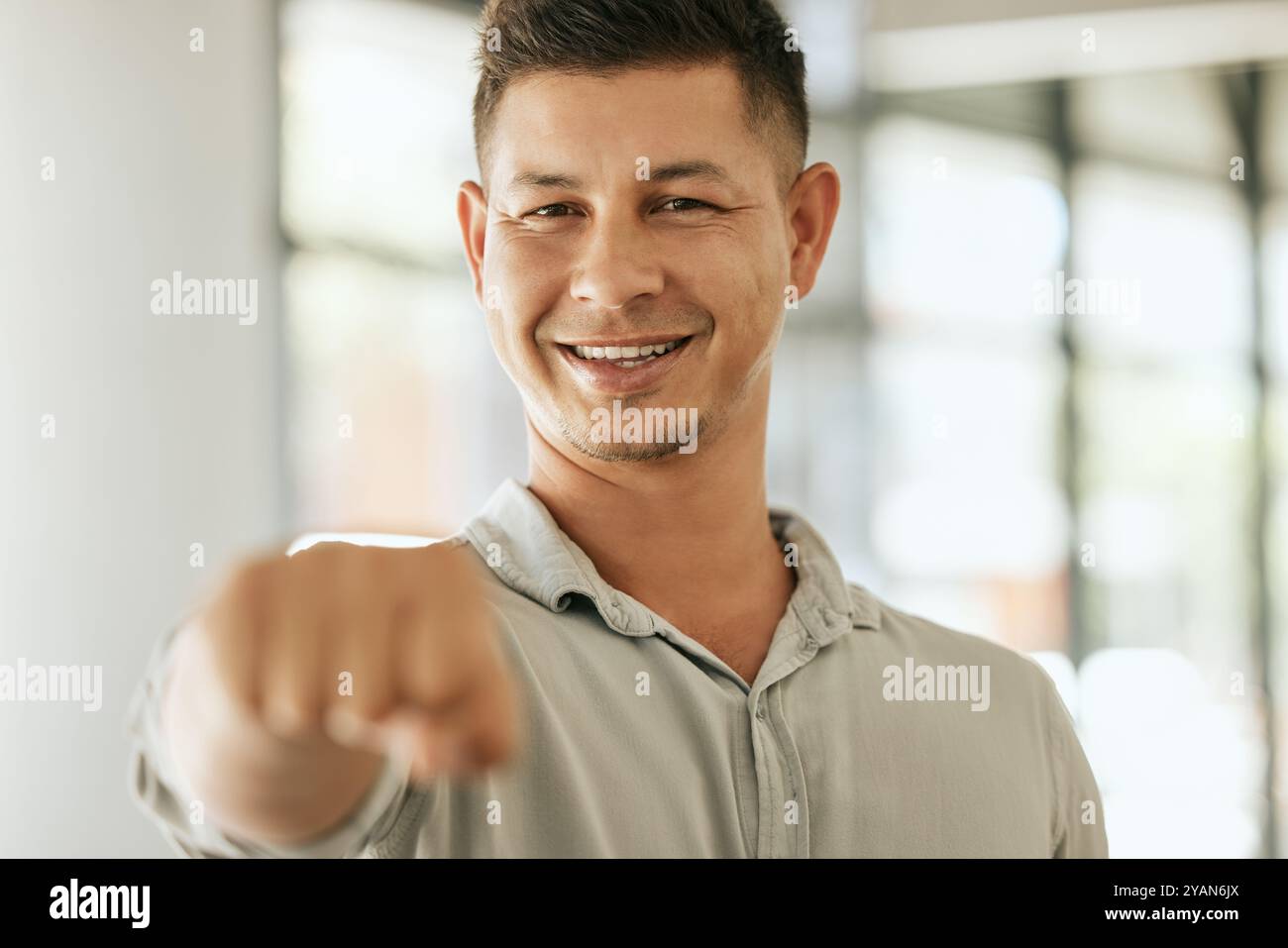Happy, portrait and businessman with fist bump for collaboration ...