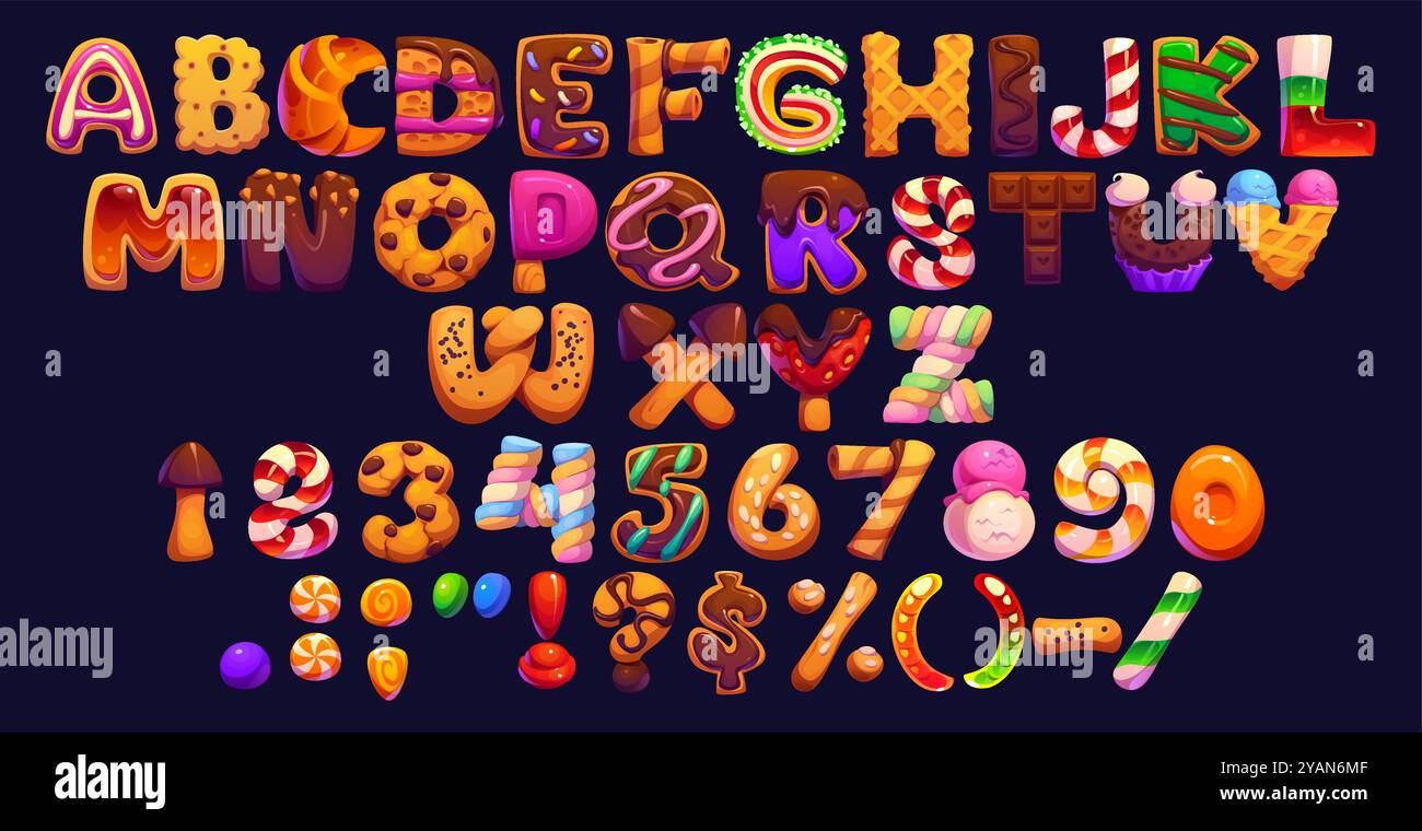 Cartoon candy and confectionery alphabet of sweets typeface and ...