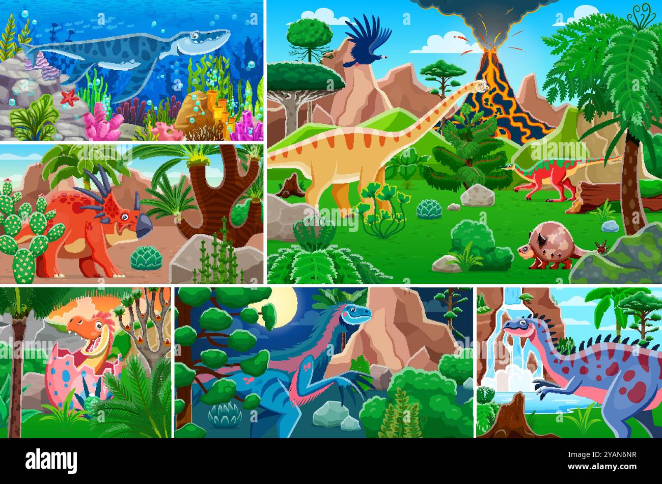 Prehistoric dinosaurs collage with Jurassic era lizards and cartoon ...