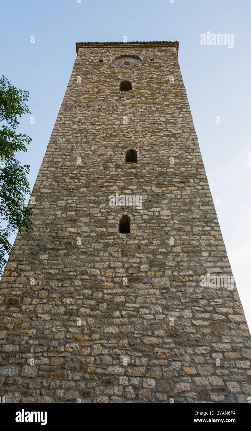 A Clock Tower in UNESCO listed Berat in Albania. A stone Ottoman tower ...