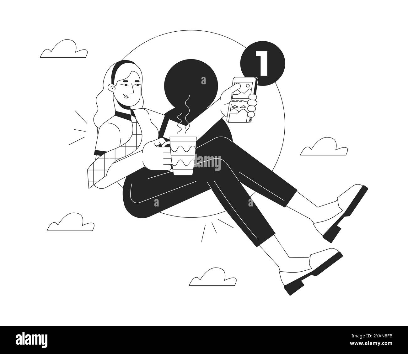One new message notification black and white 2D illustration concept ...