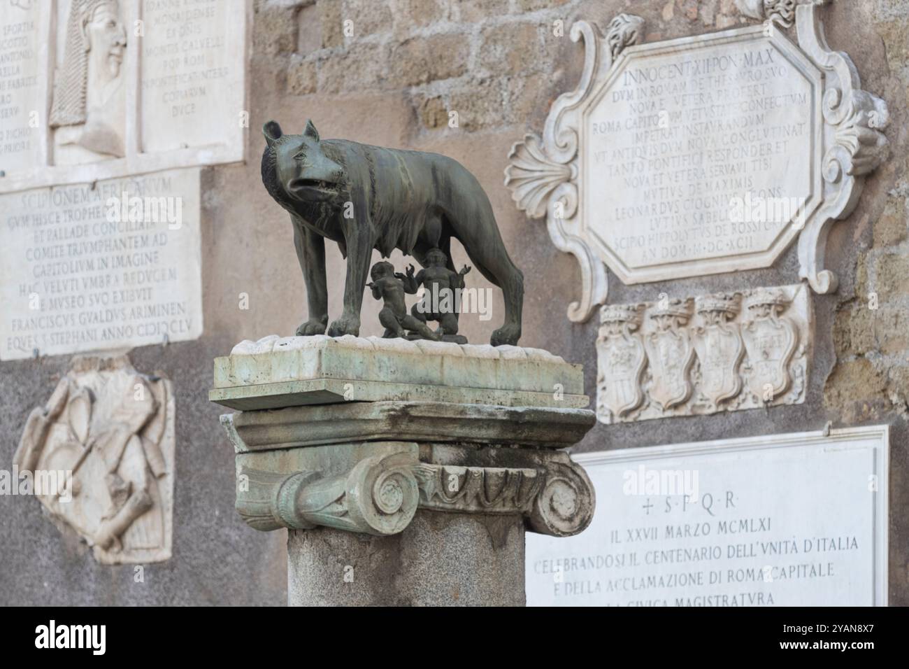 Shewolf sculpture. Founders of Rome landmark. Romulus and Remus. Italy ...