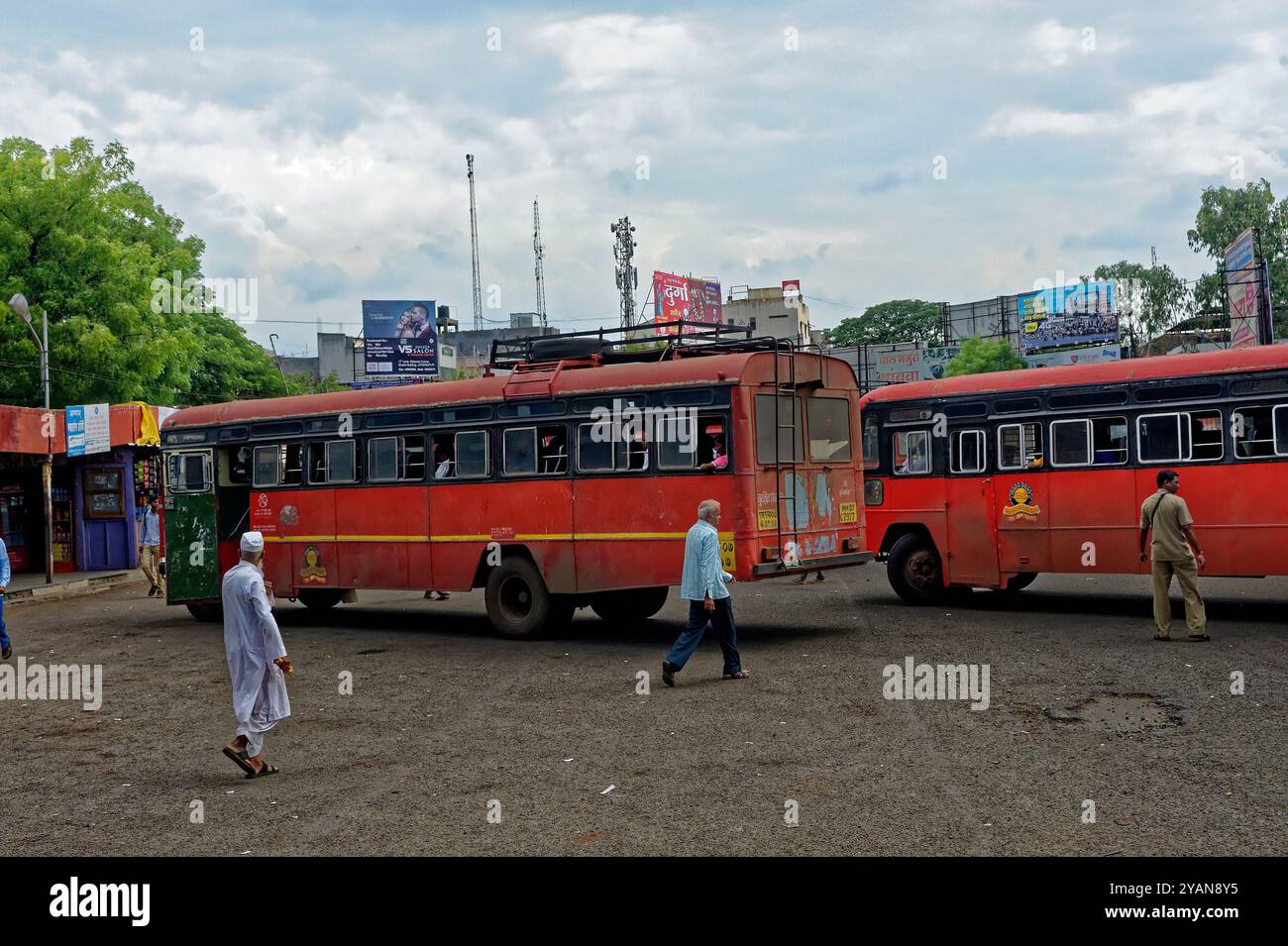 Parked state transport buses on Jaysingpur bus stand state Maharashtra ...