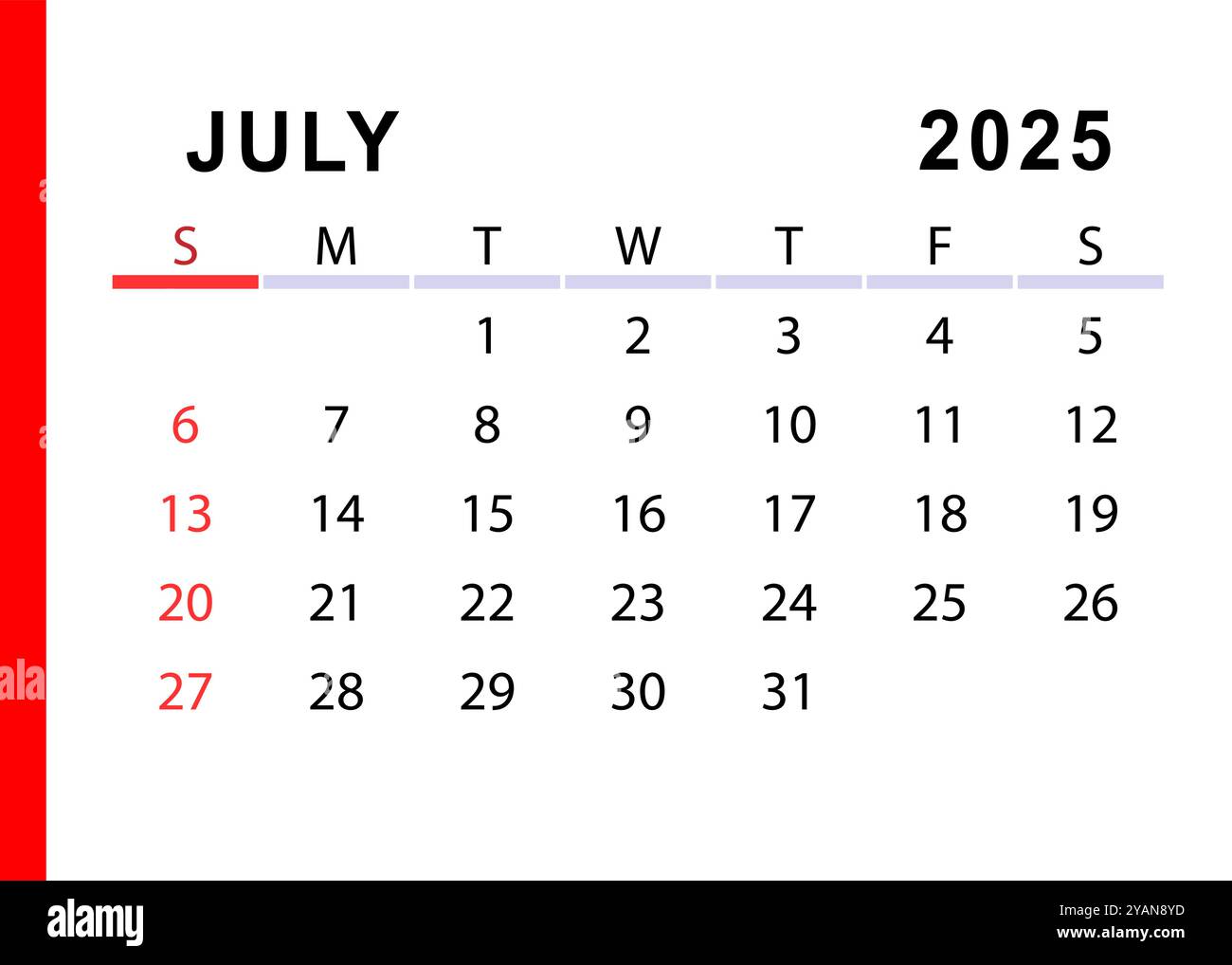 July 2025 simple calendar. Sunday start. Vector design Stock Vector ...