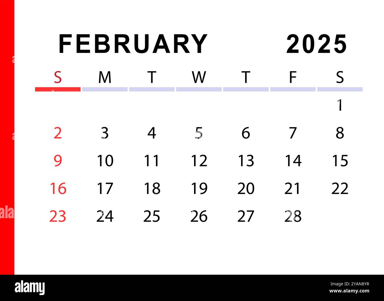 February 2025 simple calendar. Sunday start. Vector design Stock Vector ...