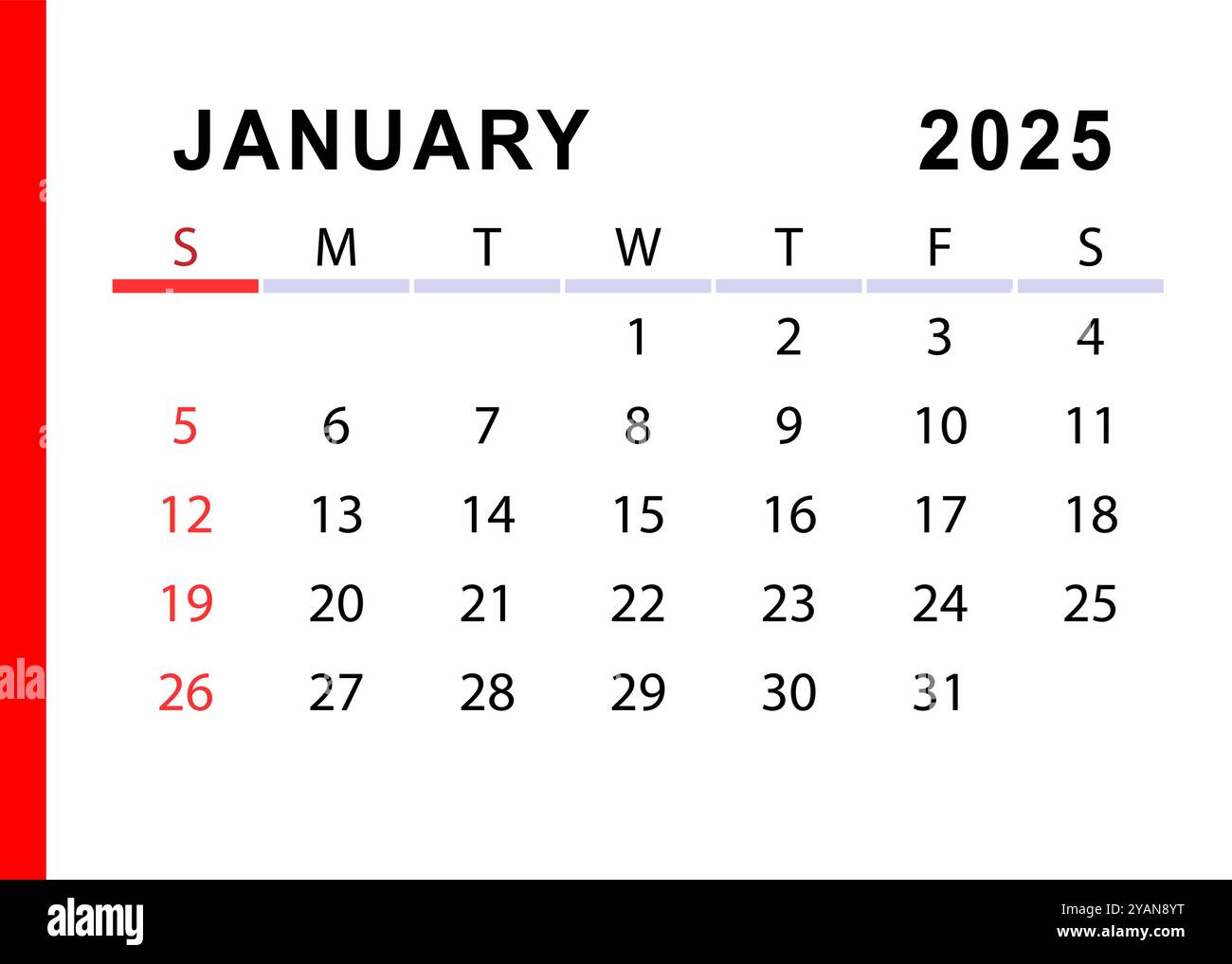 January 2025 simple calendar. Sunday start. Vector design Stock Vector ...