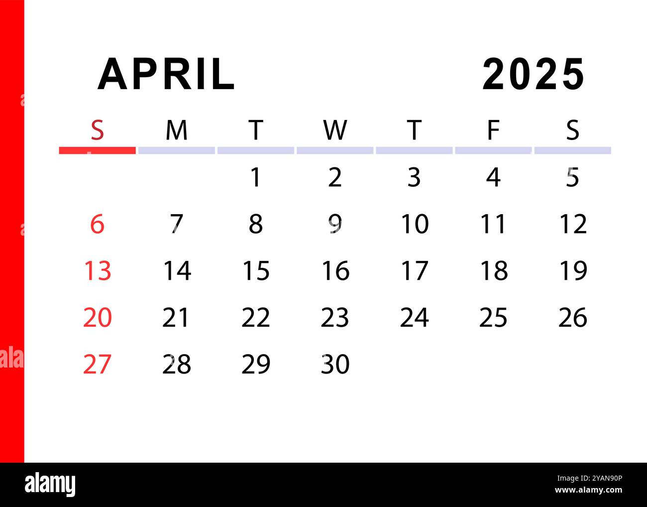 April 2025 simple calendar. Sunday start. Vector design Stock Vector ...