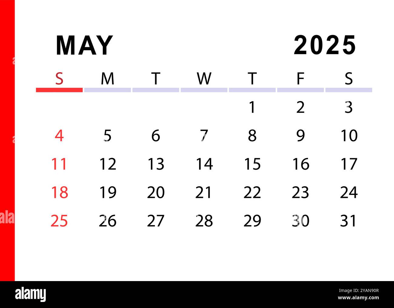 May 2025 simple calendar. Sunday start. Vector design Stock Vector ...