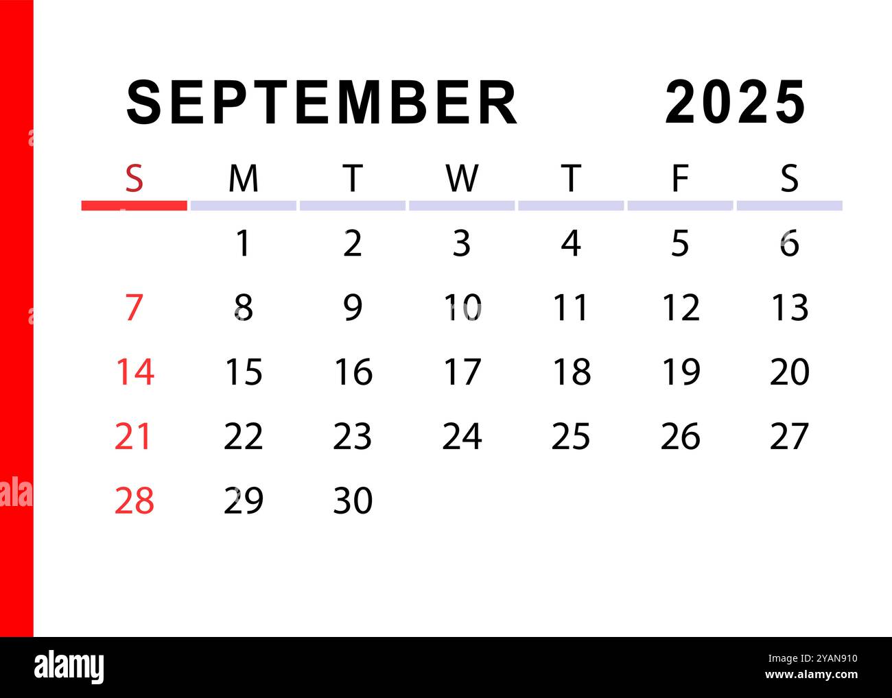 September 2025 simple calendar. Sunday start. Vector design Stock ...