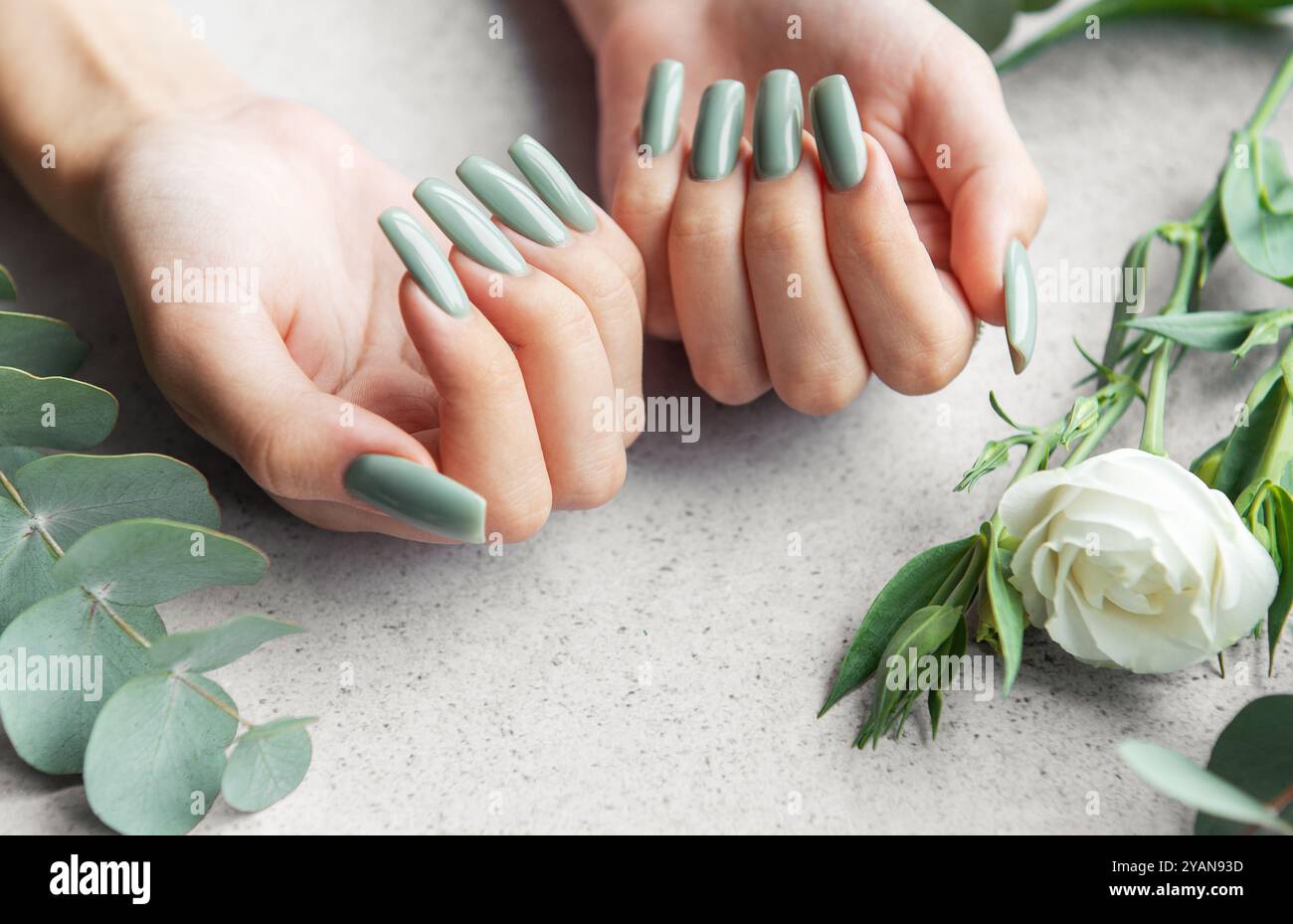 Two hands display perfectly manicured long green nails, resting on a ...