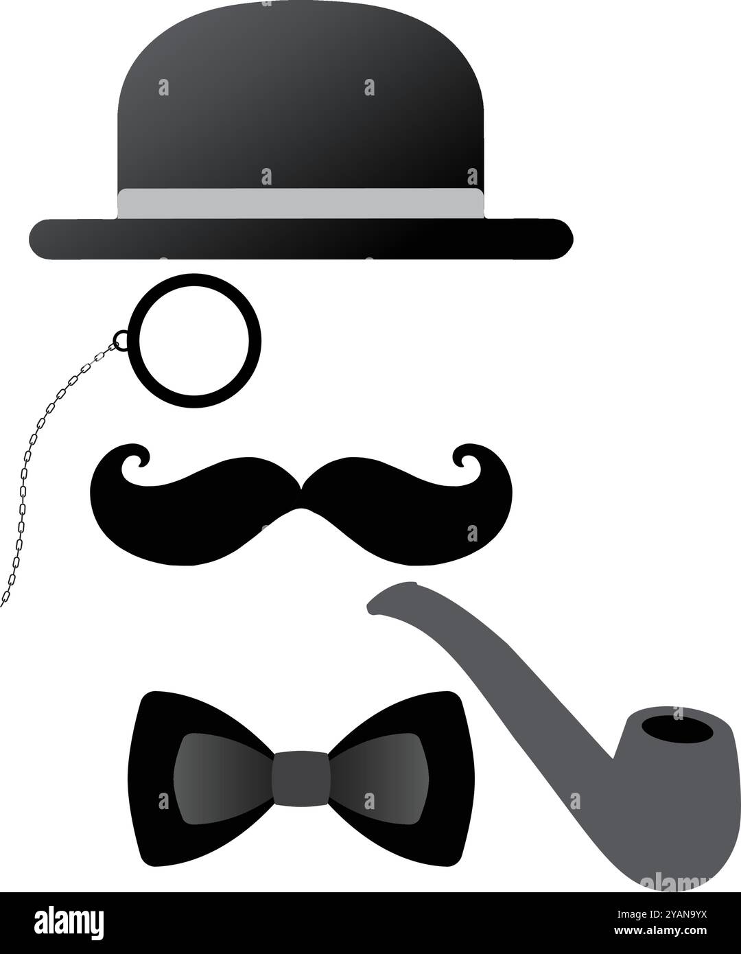 Silhouette of hat, monocle, mustache, pipe and bow tie on white ...
