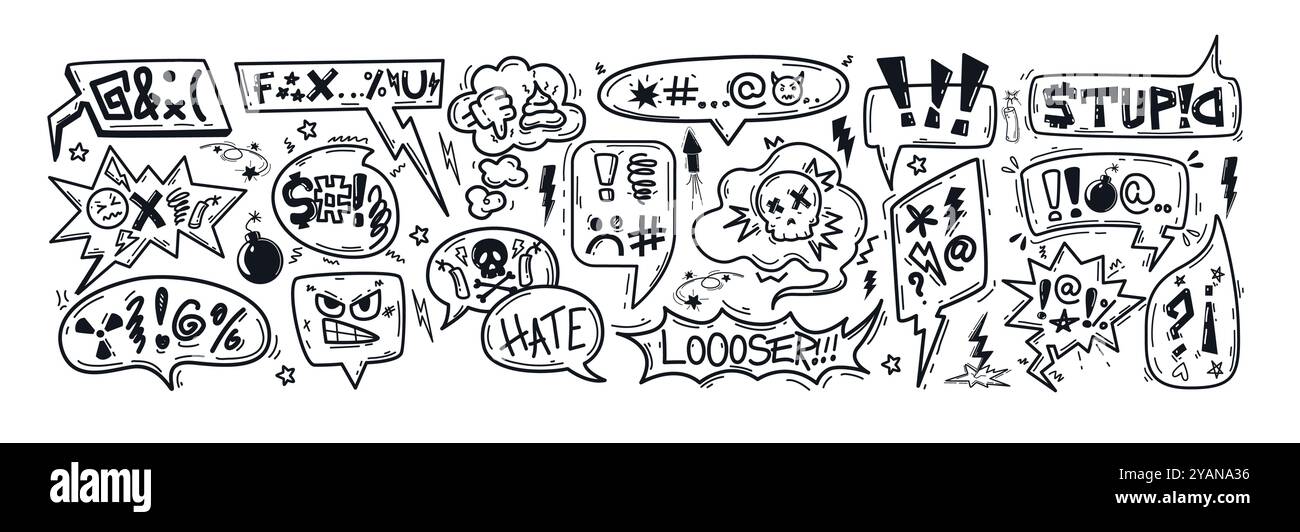 Hand drawn doodle comic speech bubbles with swearwords, expletives ...