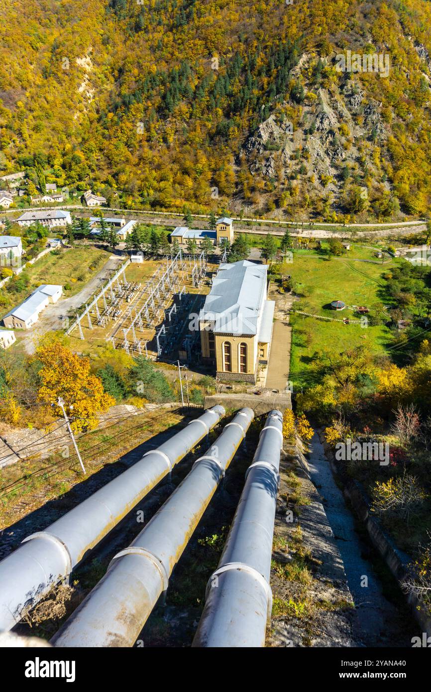 Huge pipes lead to the Hydroelectric Power Station in the Khrami River ...