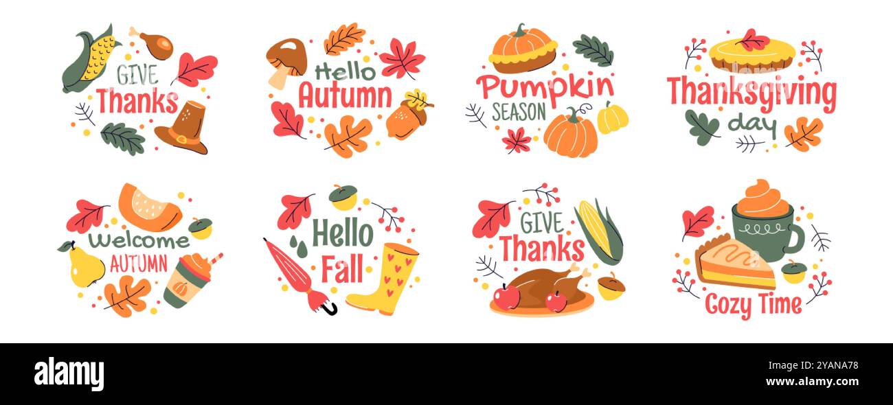 Vector set fall stickers with autumn phrases. Cozy design elements of ...