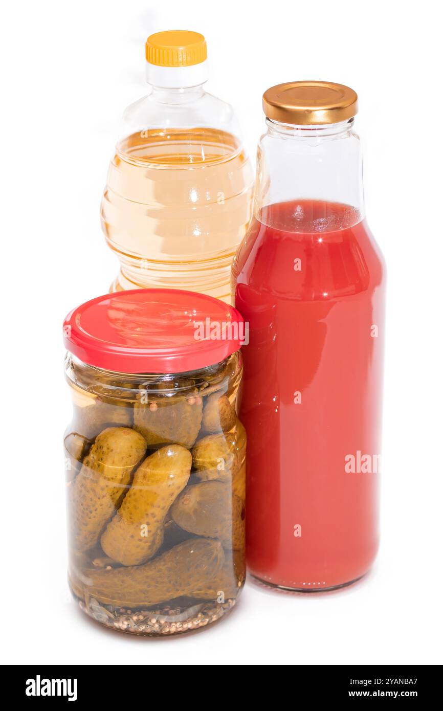 Food Reserves: Canned Food, Sunflower Oil and Tomato Juice - Isolated ...