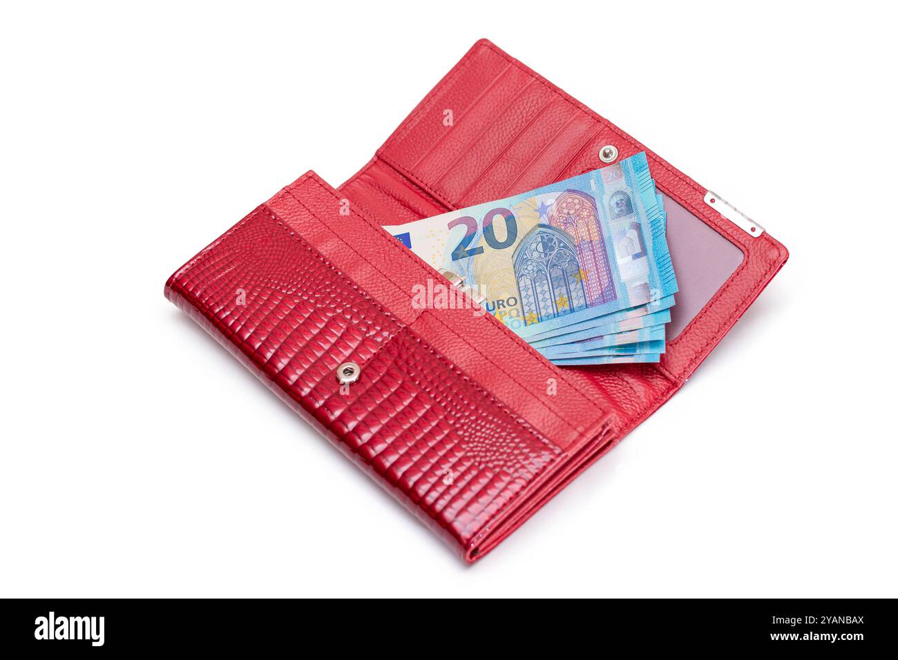 Opened Red Women Purse with 20 Euro Banknotes Inside - Isolated on ...