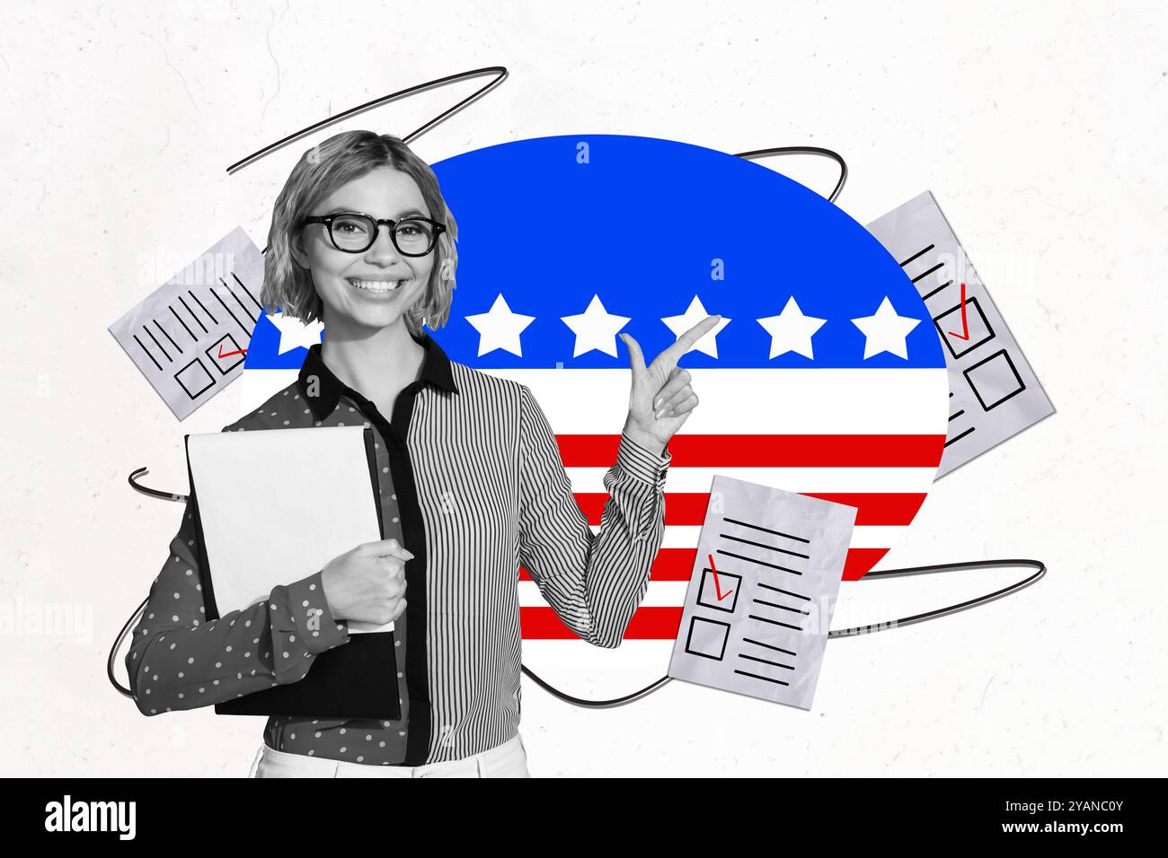 Composite photo collage of happy girl point america ballot election ...