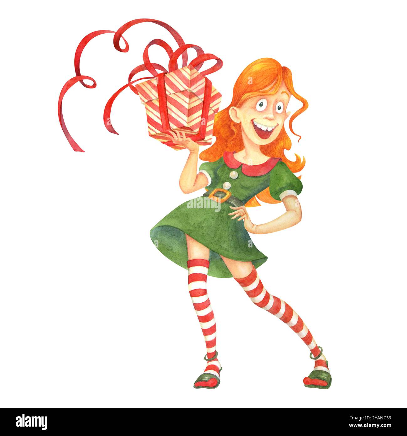 Amusing cartoon red-haired teen girl in green dress and striped socks ...