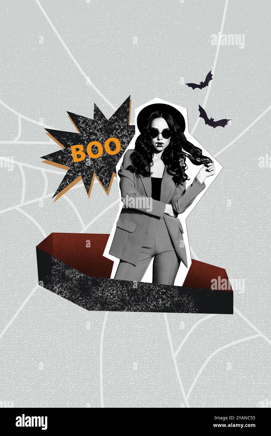 Vertical photo collage of creepy girl wear fangs dracula alive open ...