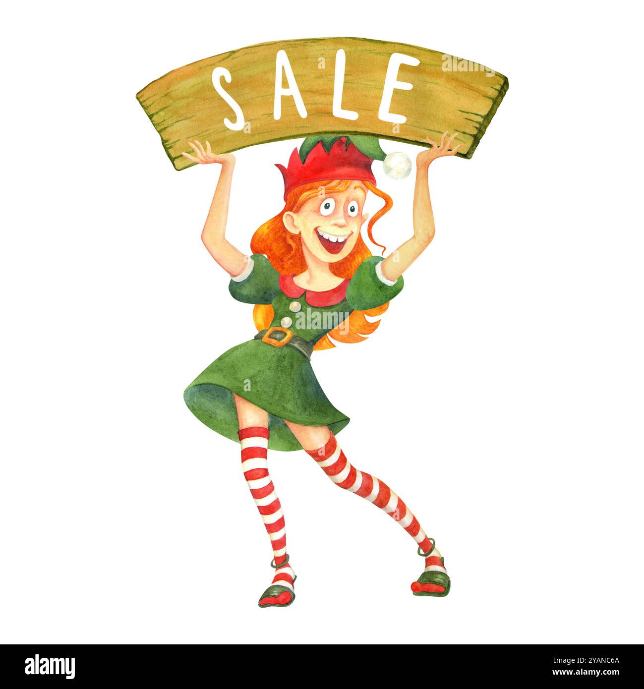 Cartoon elf girl with sale sign above her head. Isolated watercolor ...