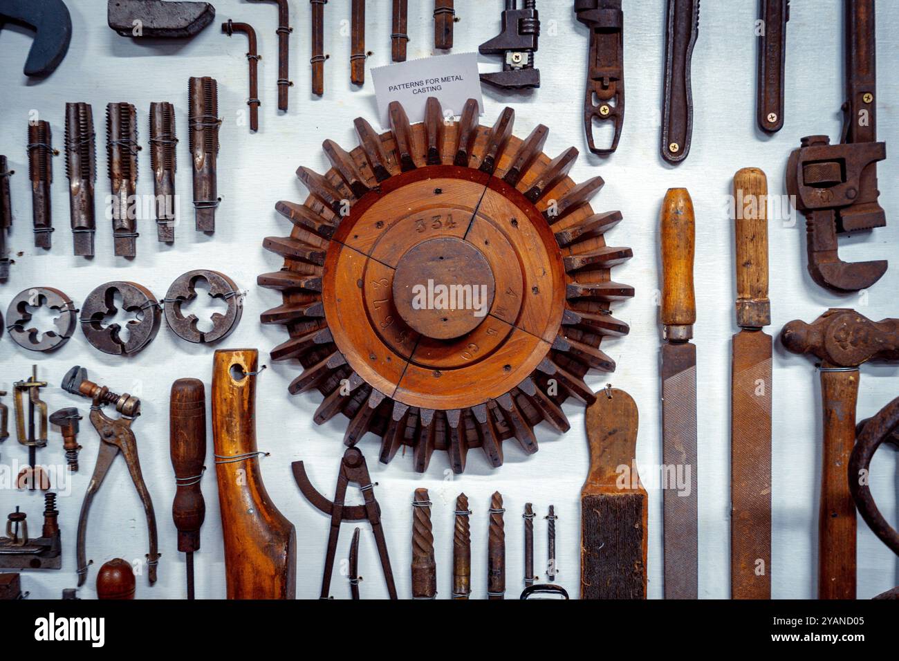A collection of old hand tools arranged on the wall Stock Photo - Alamy