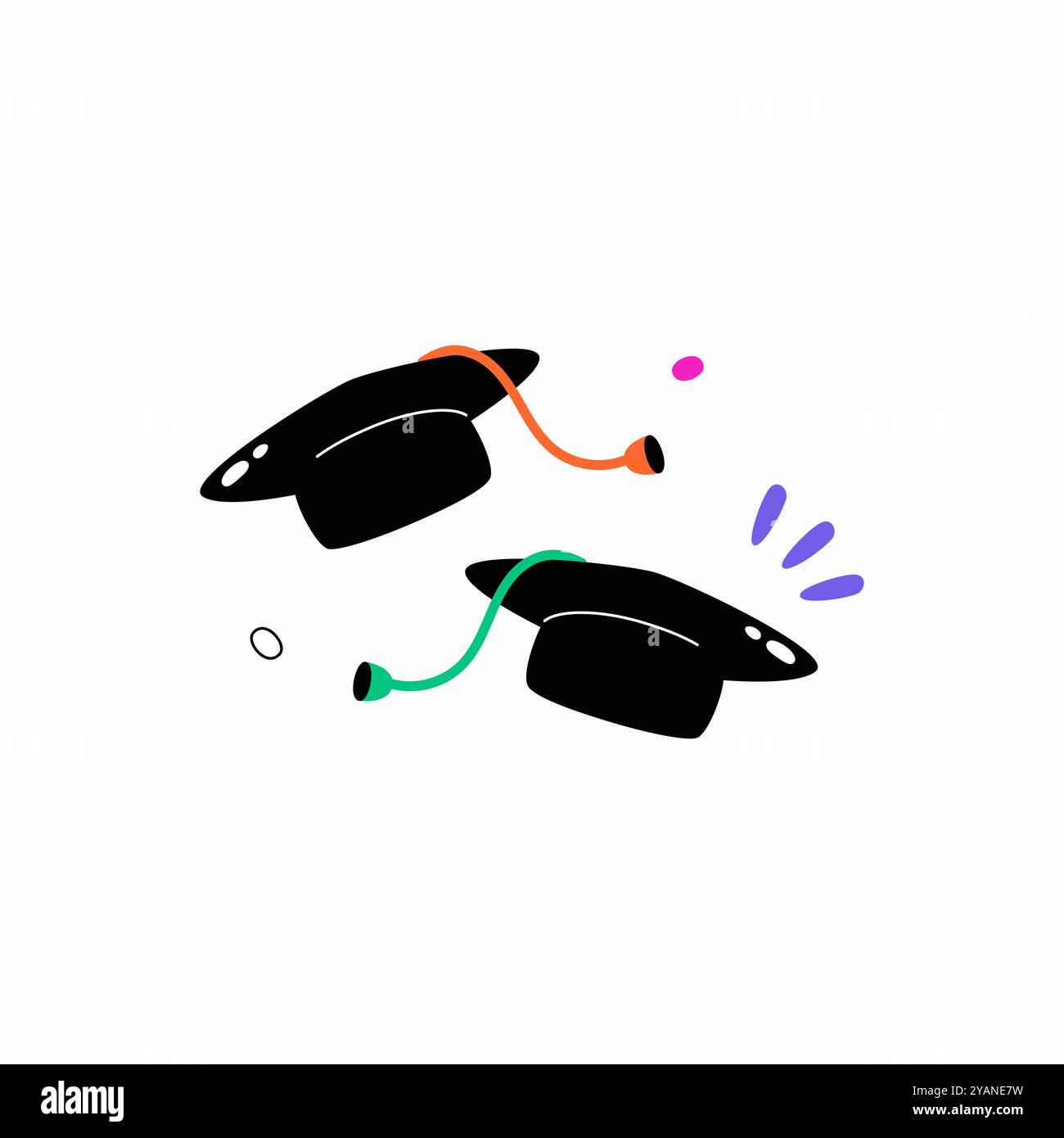 Graduation caps flying in flat vector illustration symbolizing academic ...