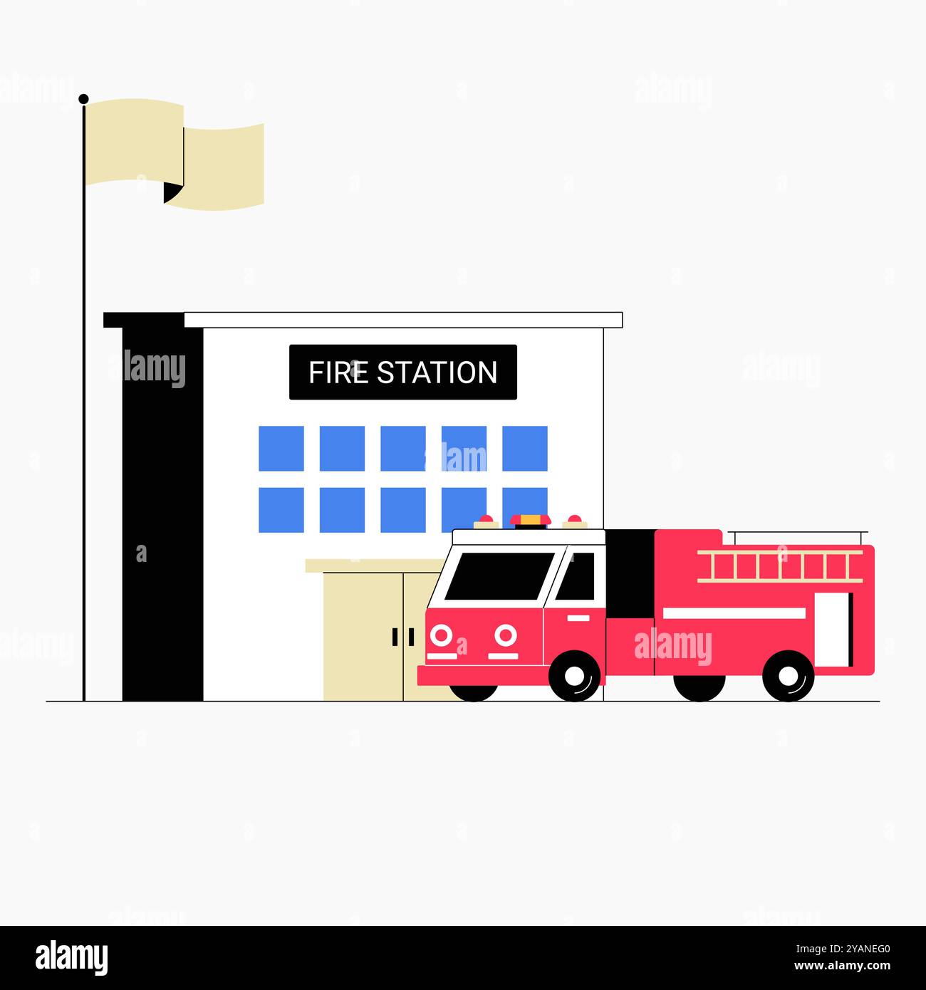 Fire truck at fire station in flat vector illustration symbolizing ...