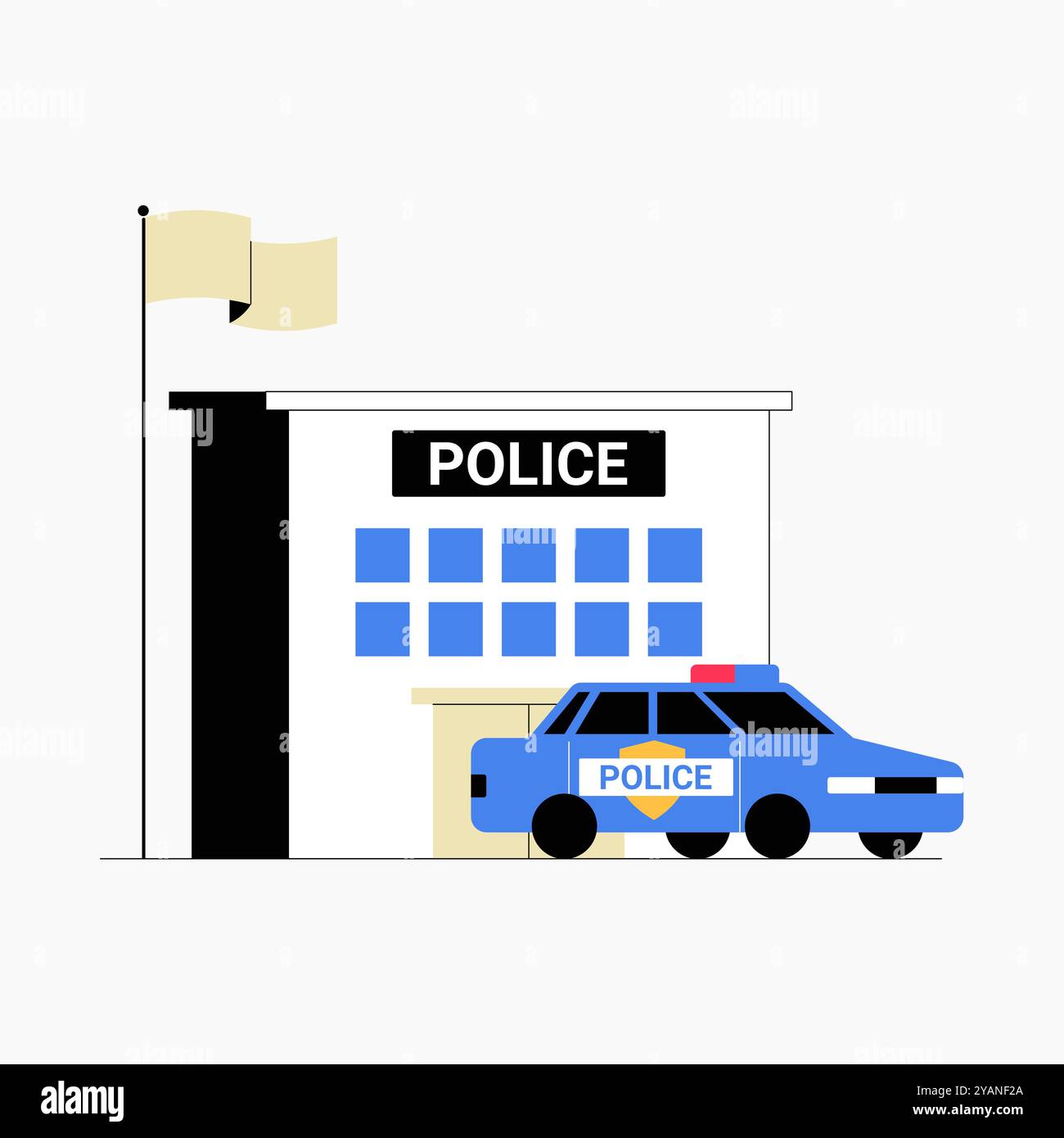 Police station with a patrol car in front in flat vector illustration ...