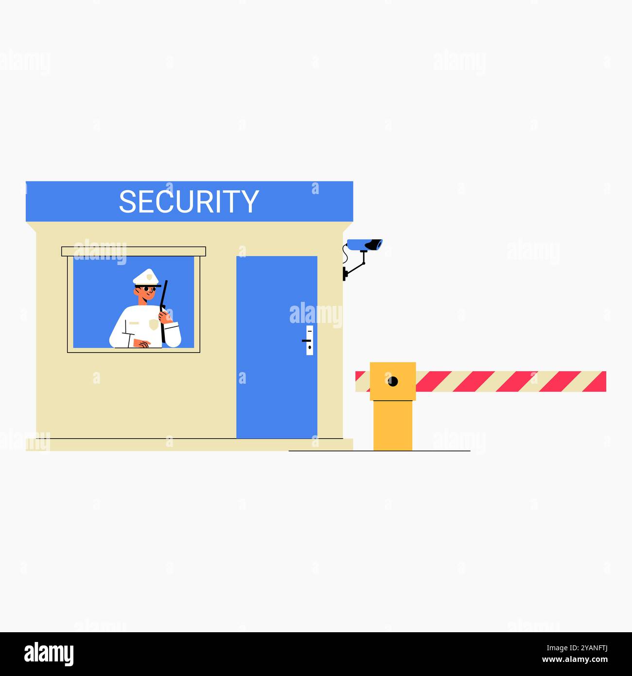 Security booth with male security guard holding radio in flat vector ...