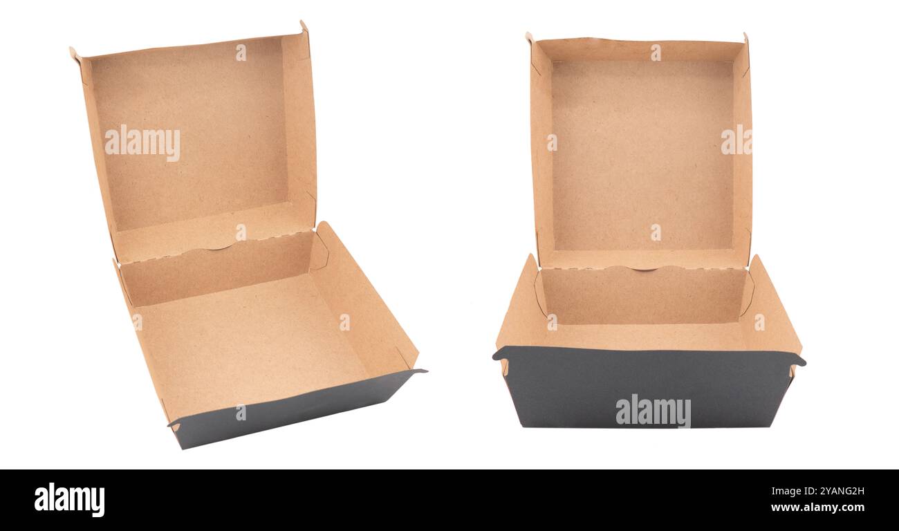 Two Open empty brown paper burger box isolated on white background ...