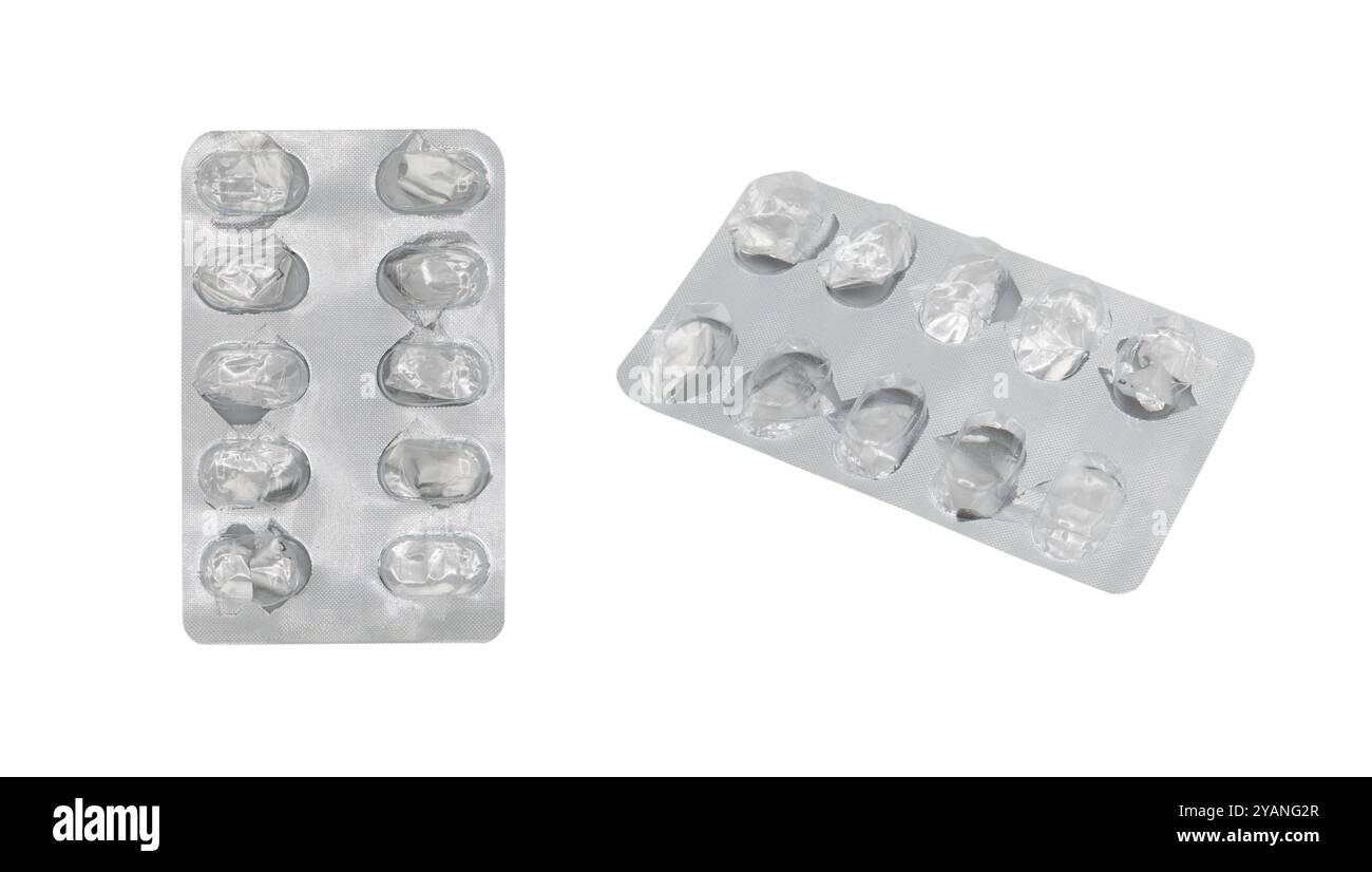 Empty pills of blister pack isolated on white background. Empty silver ...