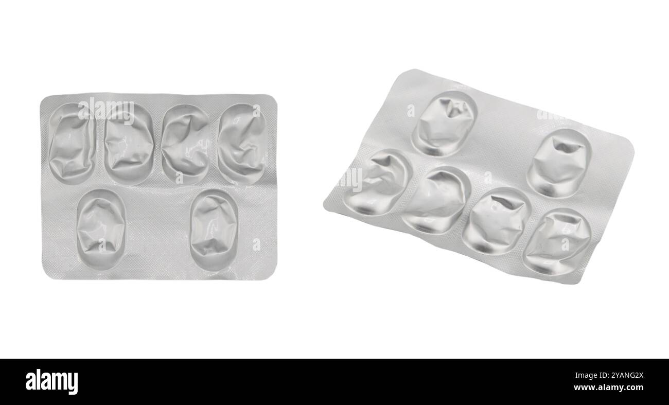 Empty pills of blister pack isolated on white background. Empty silver ...