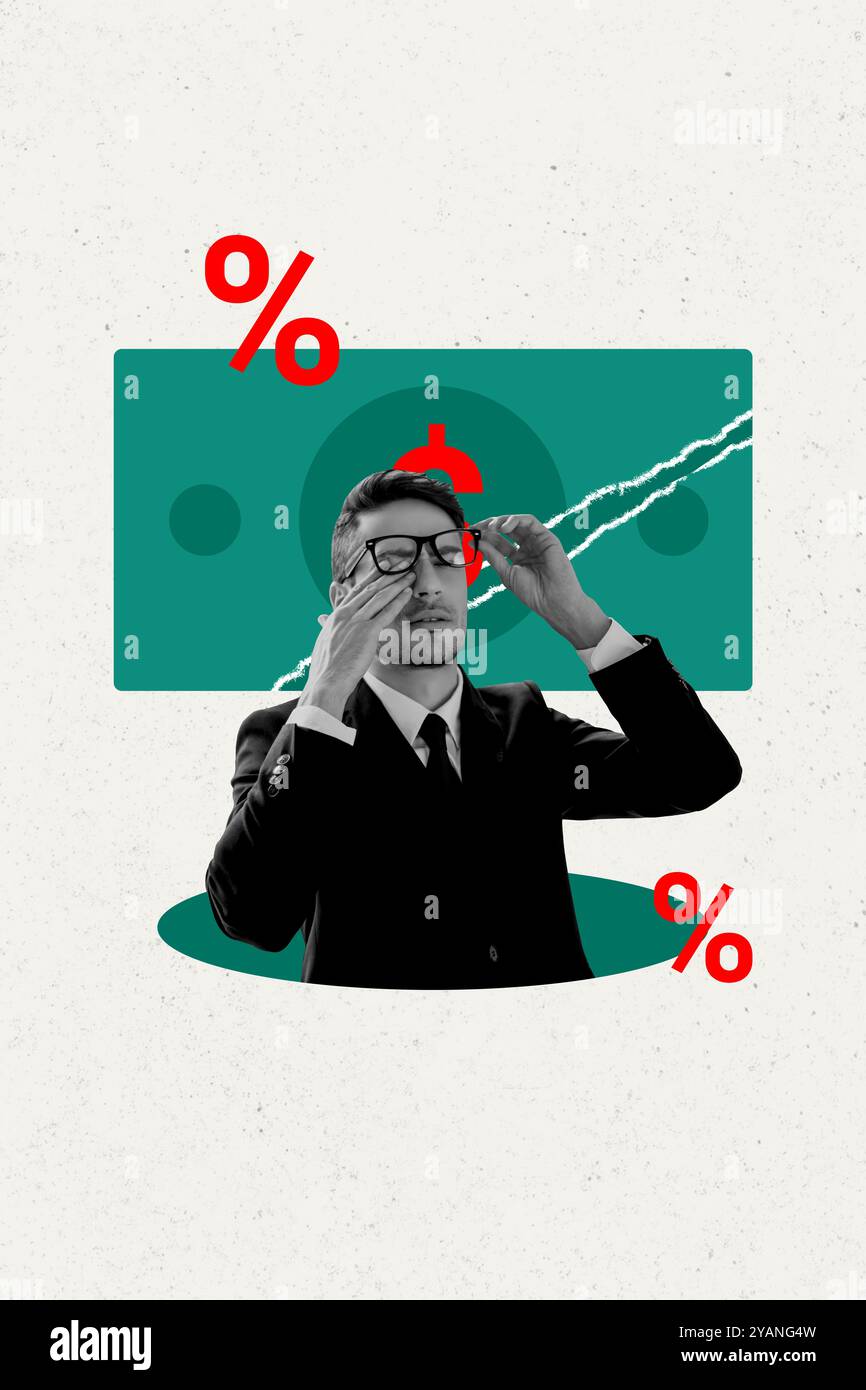 Vertical photo collage of sad businessman hold glasses percent dollar ...