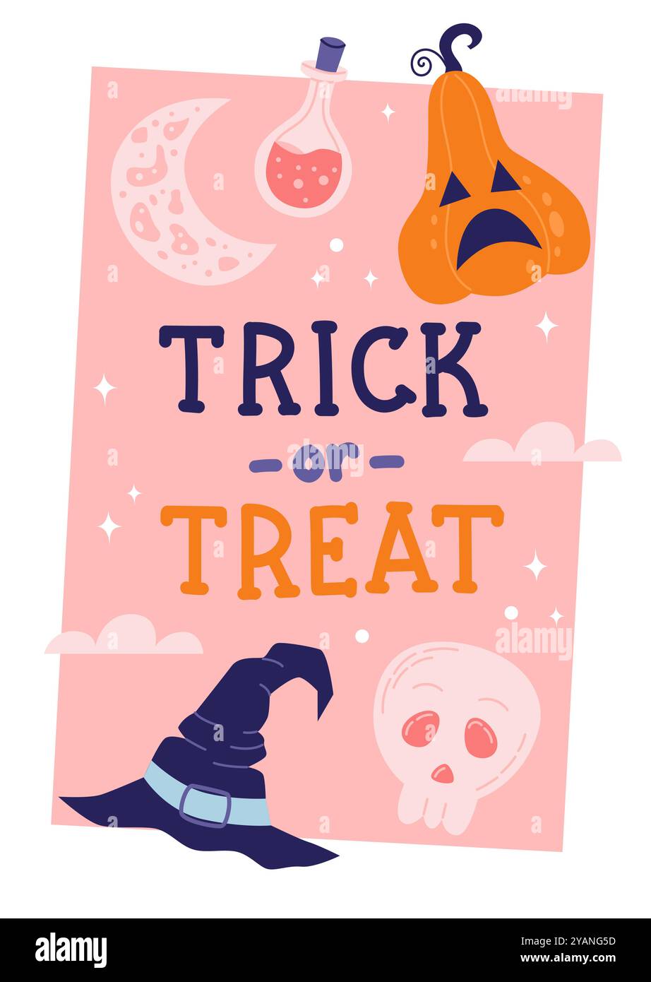 Trick or treat cover or card design. Cute pumpkin, witch hat and hand ...