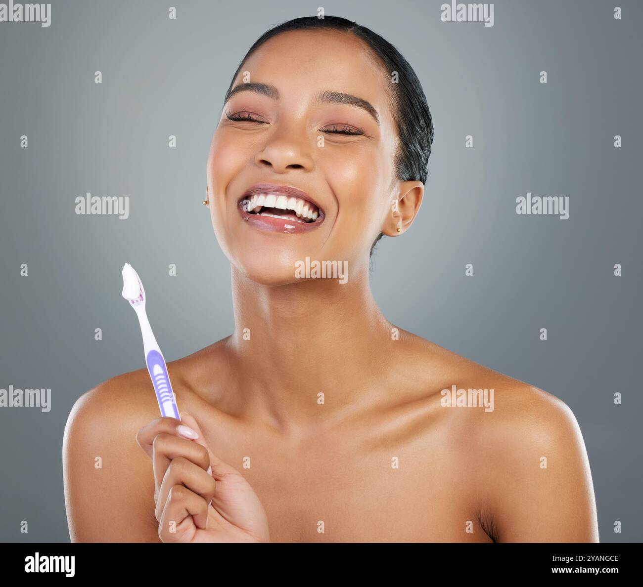 Happy, toothbrush and face of woman in studio for dental hygiene ...