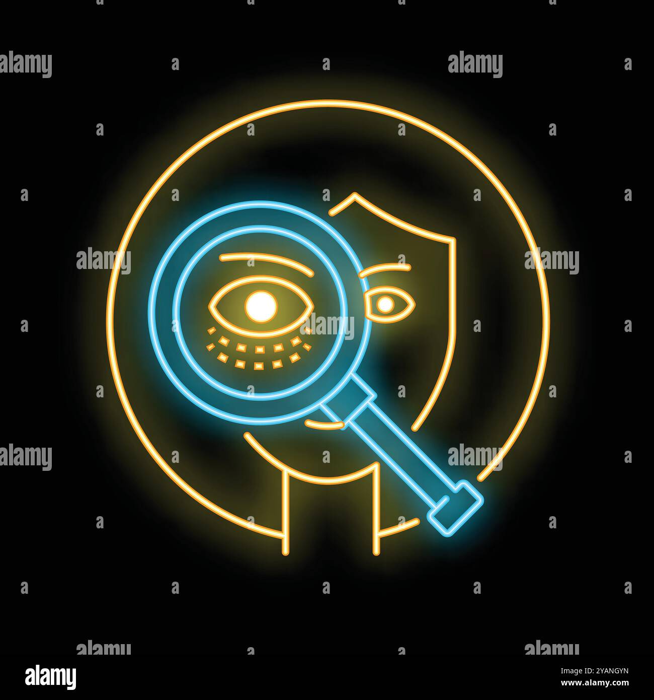 Neon sign of magnifying glass scanning woman's face for identification ...
