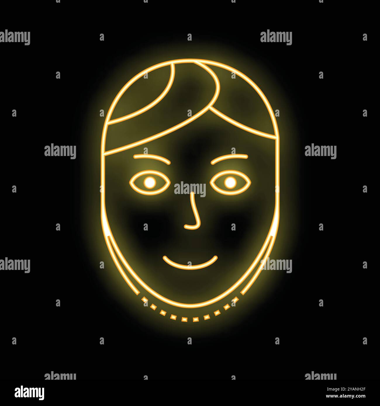 Yellow neon sign showing a smiling woman's face on a black background ...
