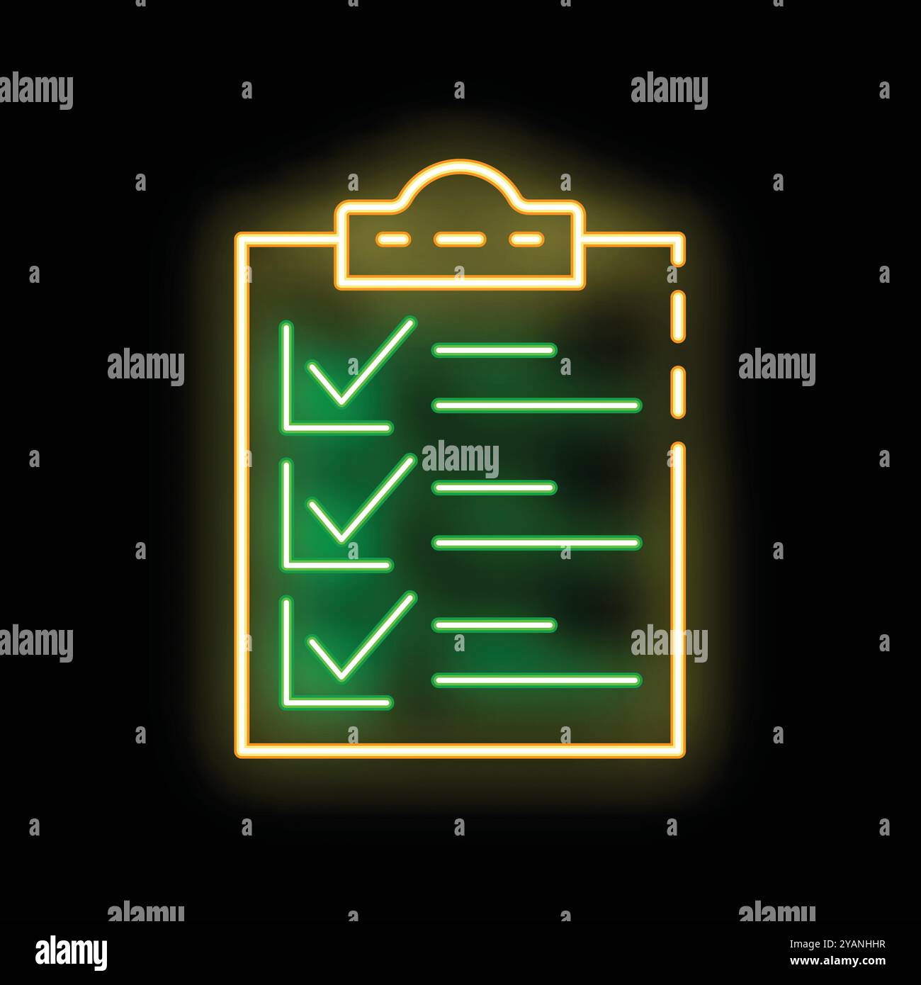 Glowing neon clipboard showing check marks on a black background Stock ...