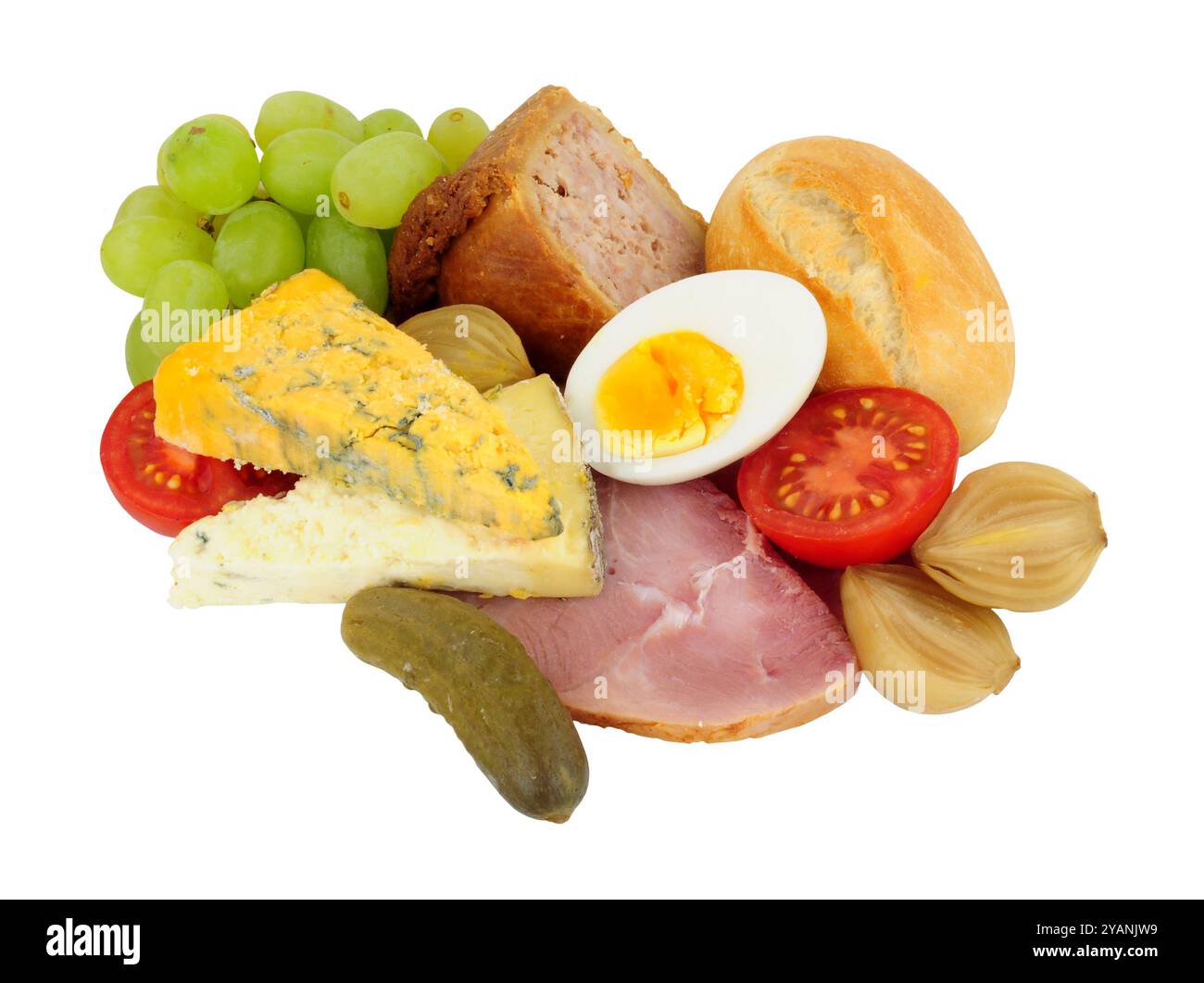 Traditional ploughman's buffet lunch ingredients isolated on a white ...