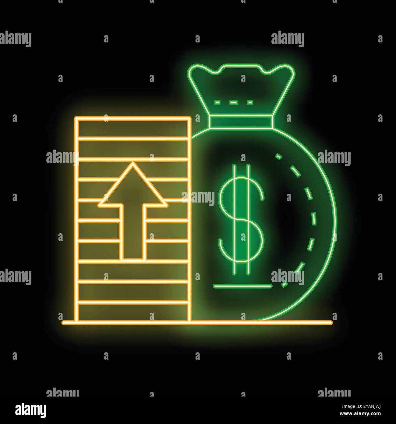 Neon sign representing increasing value with a stack of coins and money ...