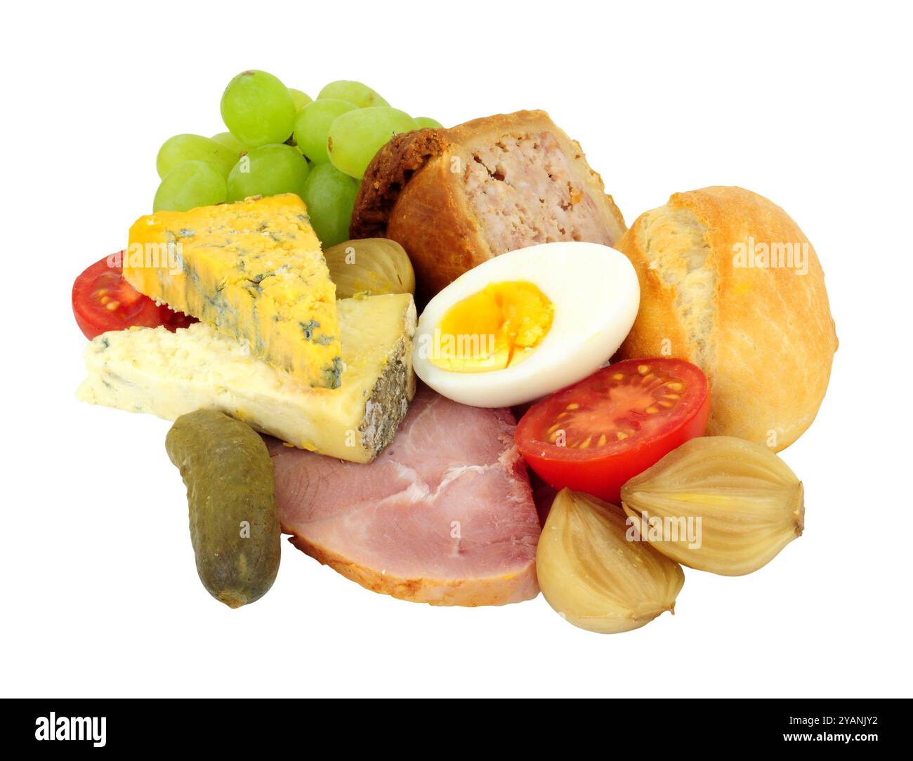 Traditional ploughman's buffet lunch ingredients isolated on a white ...