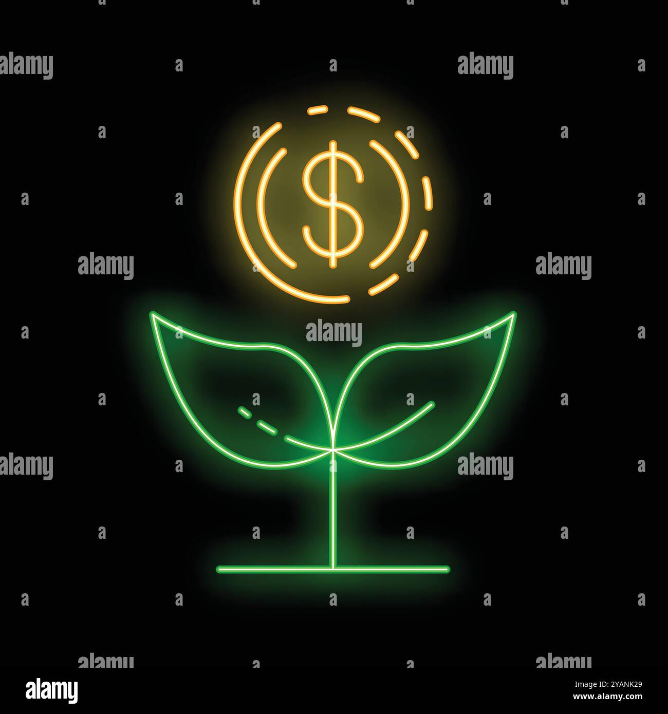 Neon sign of a green plant growing with a dollar coin on top ...