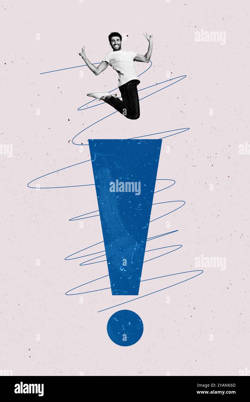 Vertical photo collage of happy businessman jump exclamation sign ...