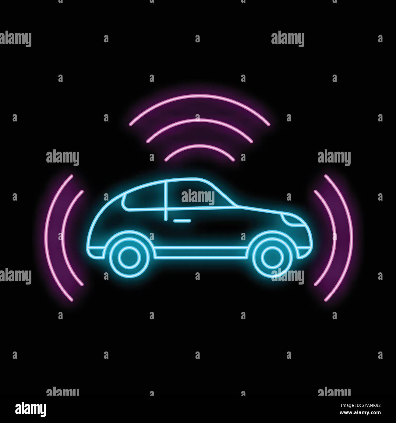 Blue neon icon of a car sharing its location with a wireless signal on ...