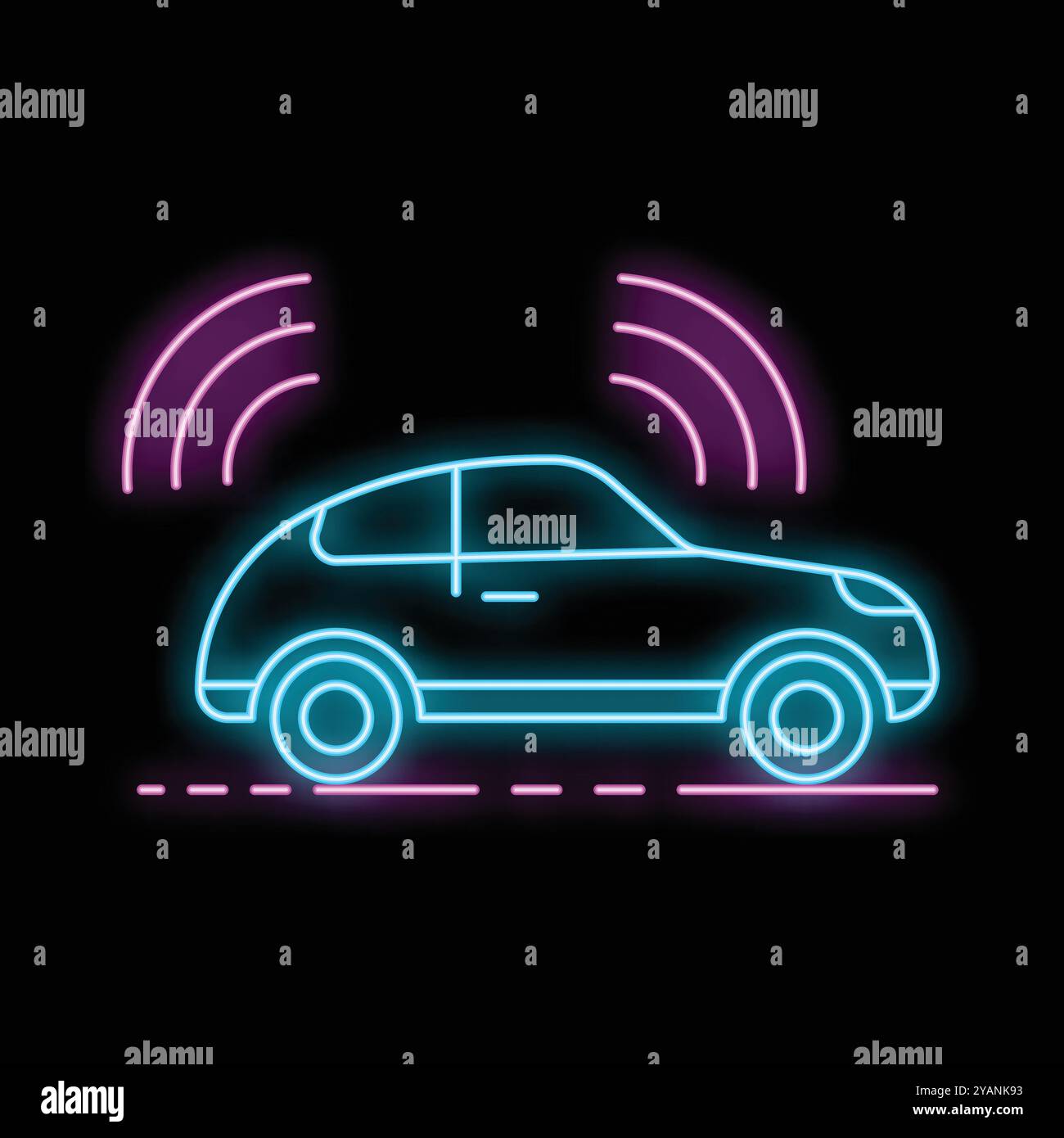 Neon sign of a modern car driving on the road and sending a signal ...