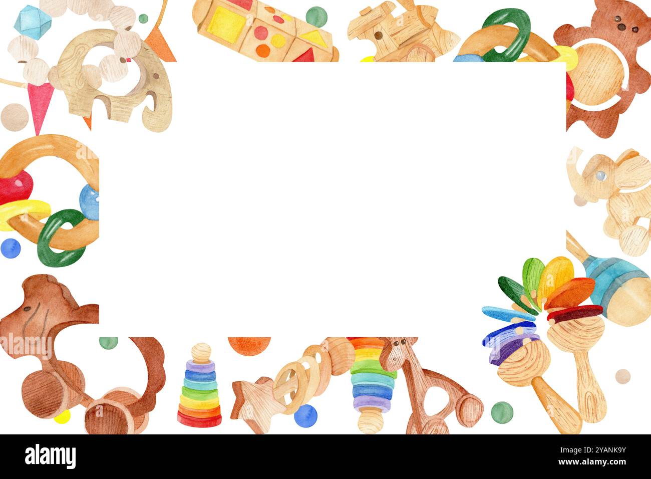 Square frame made from children's toys watercolor illustration. For ...