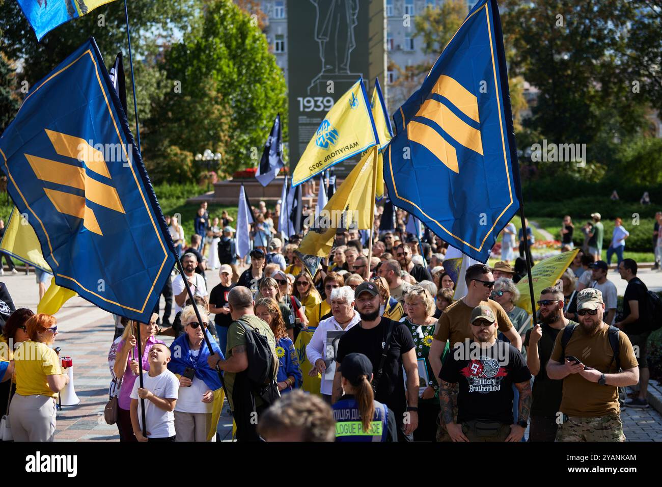 Large demonstration in Ukraine. Flags of 3rd Assault Brigade and Azov ...
