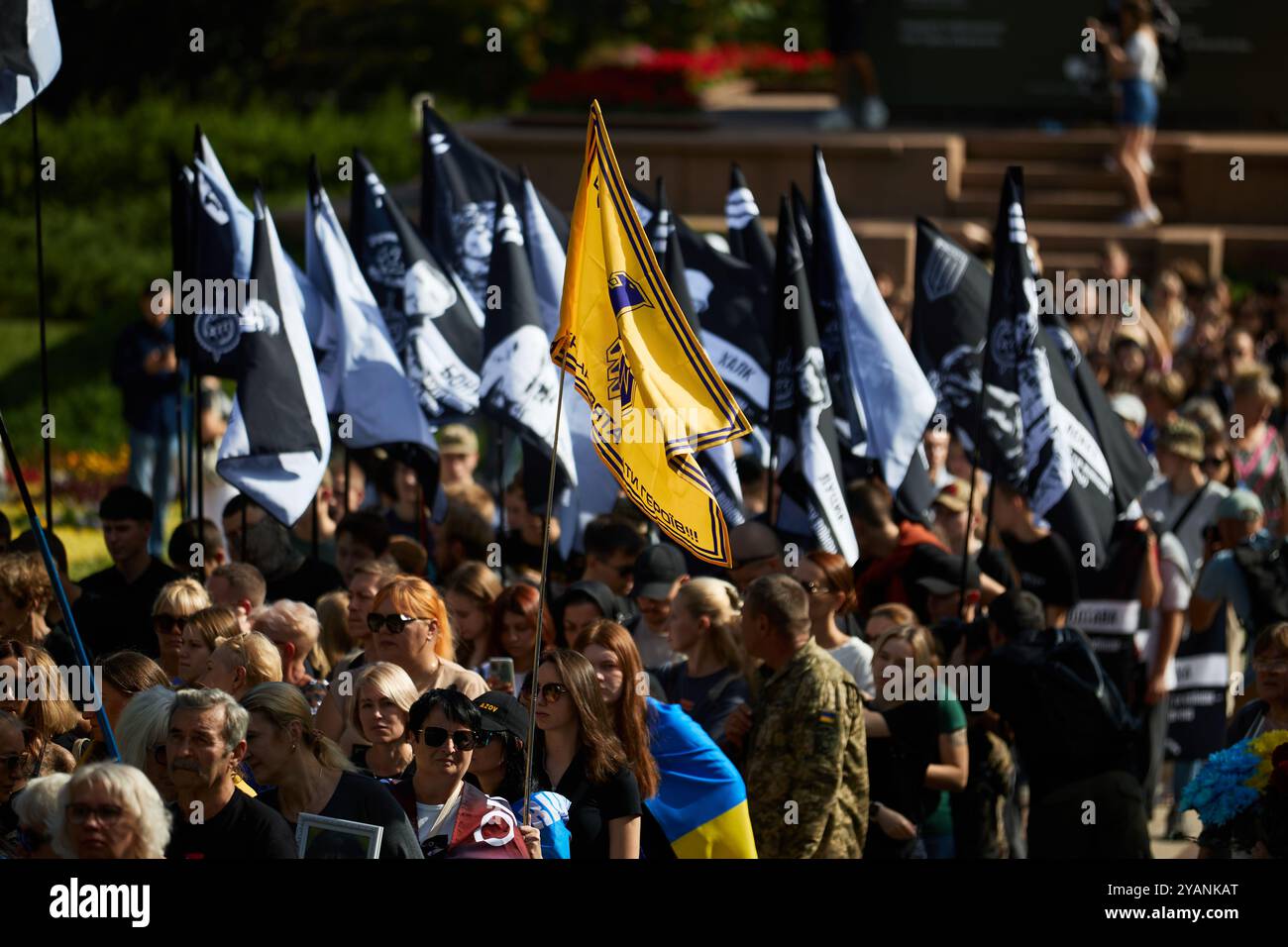 Flag of Azov brigade on a public demonstration in honor of the fallen ...