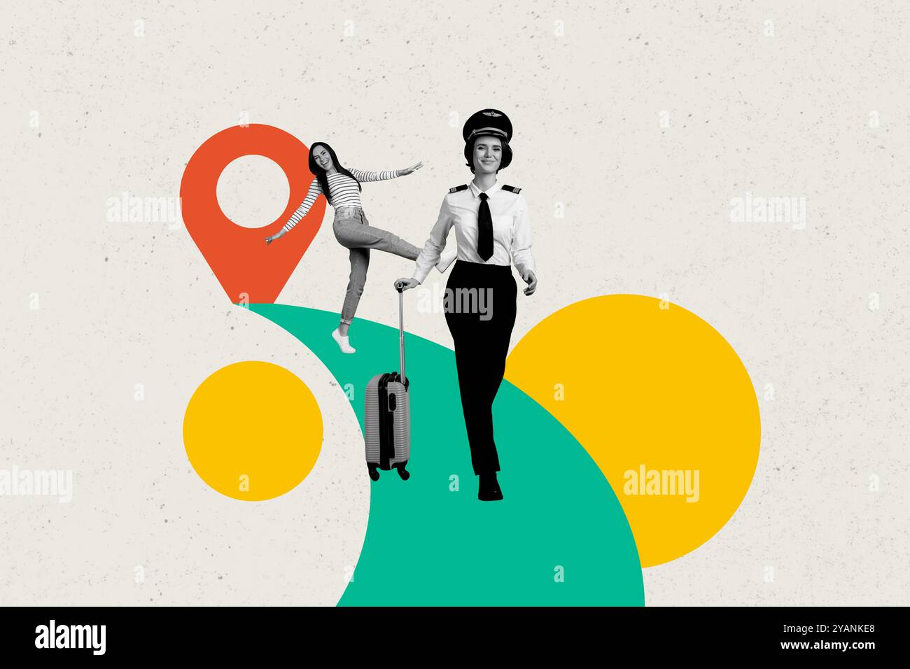 Composite photo collage of two happy girls travelers pilot wear uniform ...