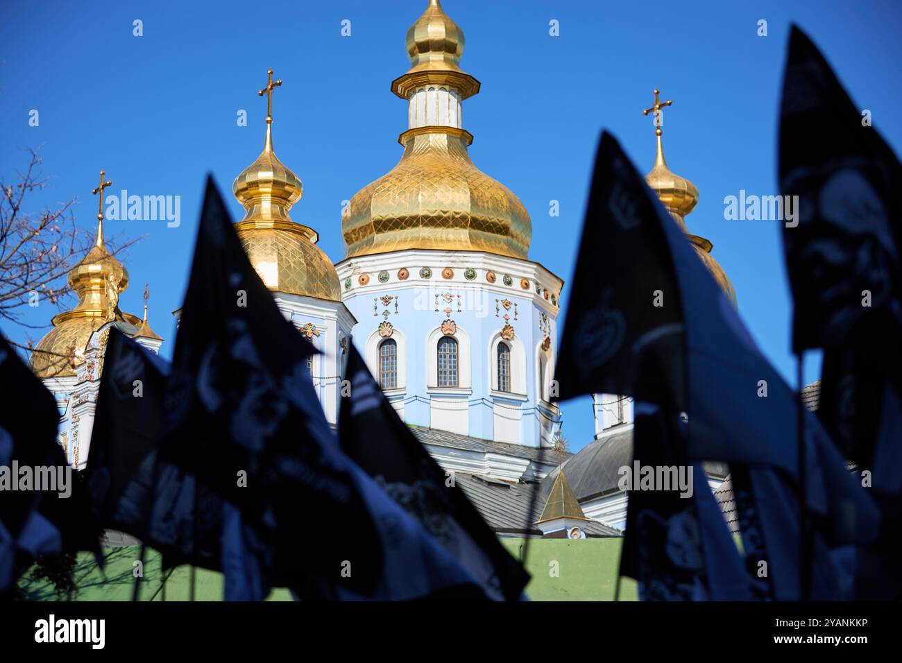 Ukrainian Christian orthodox church and flags with portraits of fallen ...